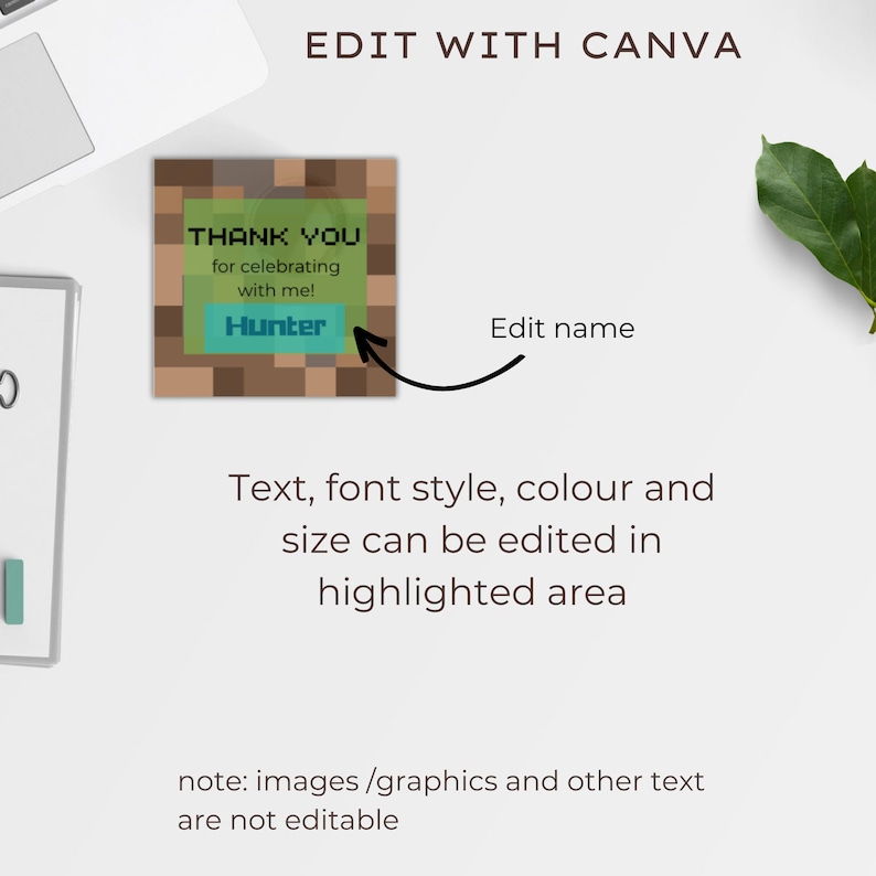 Editable Pixel Craft Small Favor Tag, Printable Video Game Party Square ...