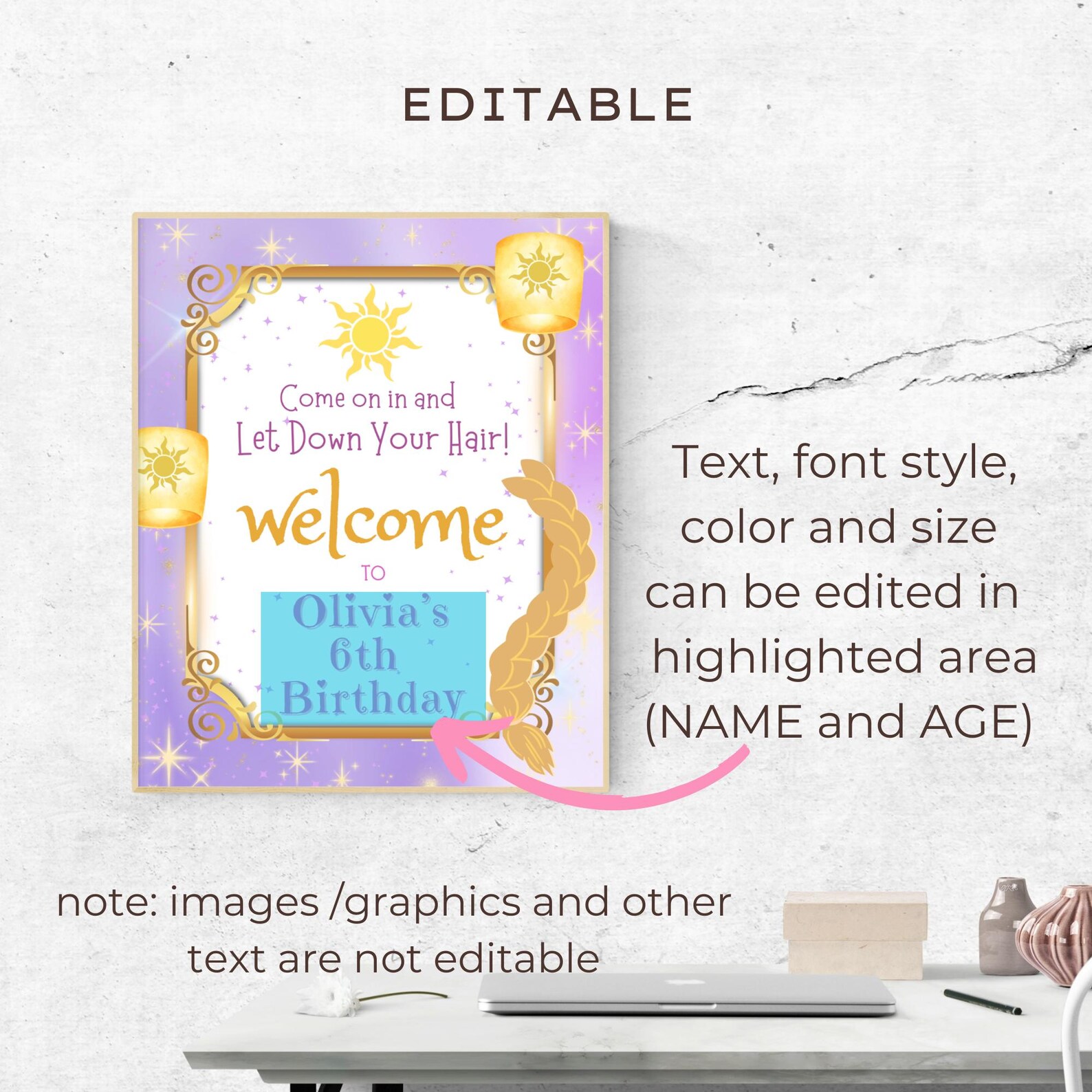 Rapunzel Welcome Sign, Editable Rapunzel Birthday Sign, Printable ...