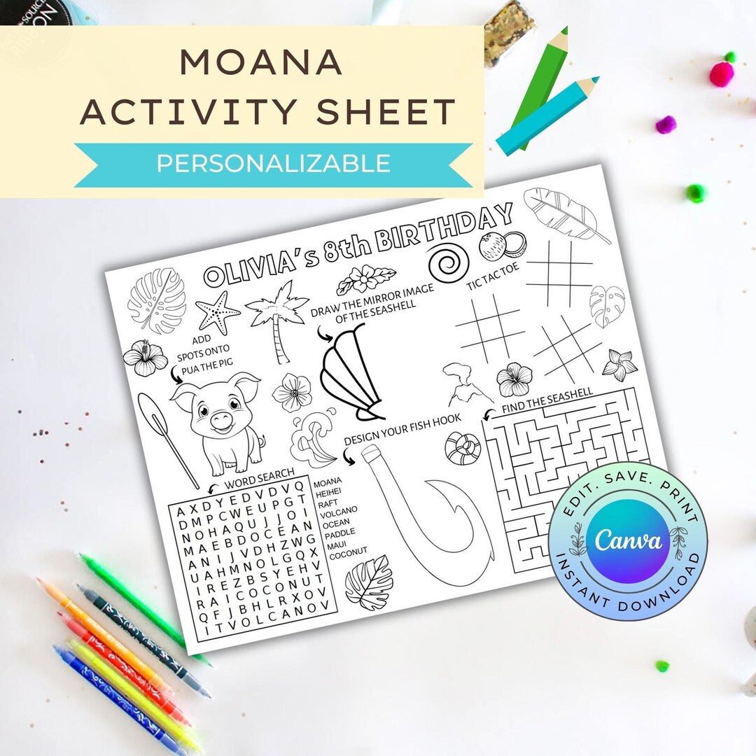 Personalizable Moana Party Activity, Printable Moana Activity Sheet ...
