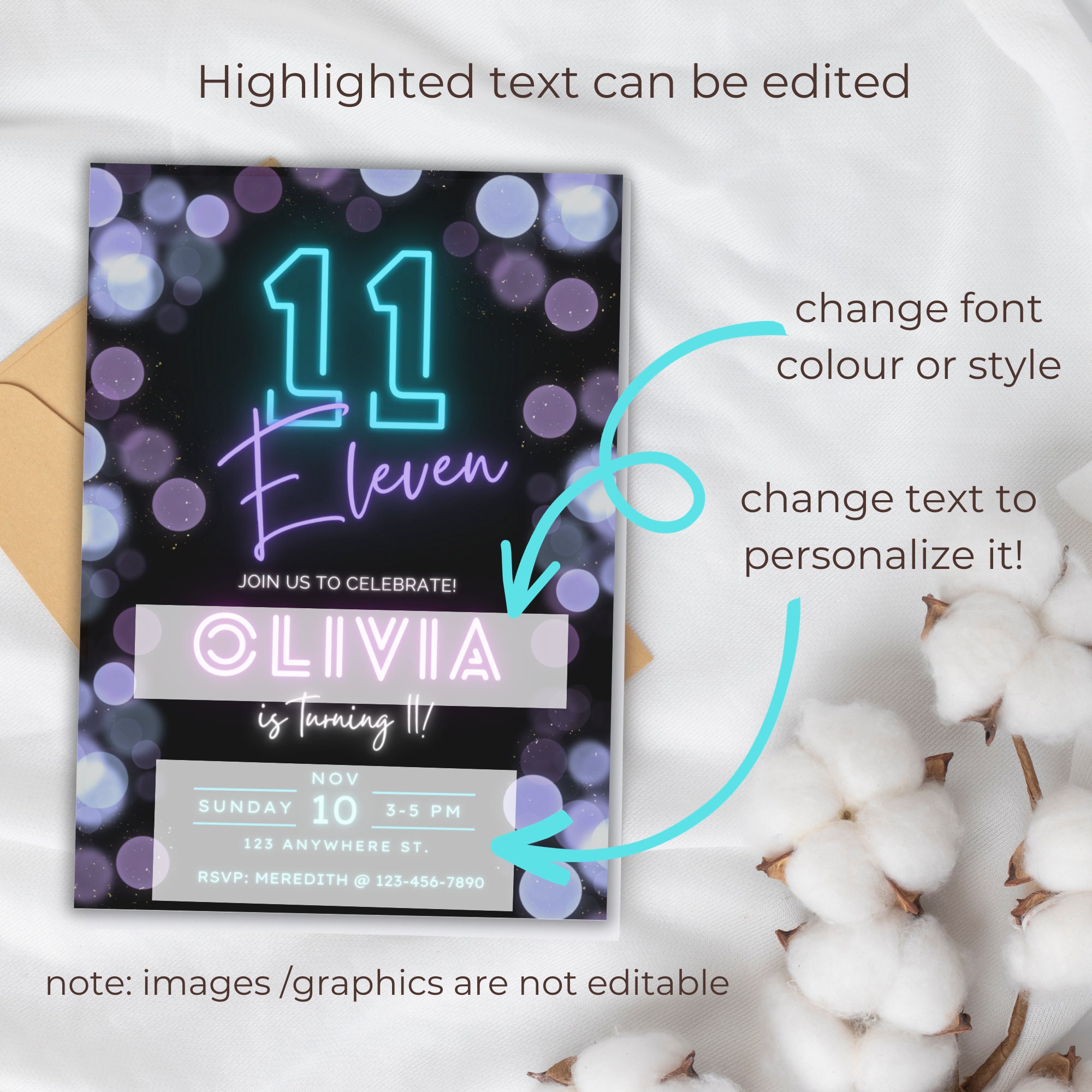 Editable 11th Birthday Invitation, Printable Neon 11th Birthday Invite ...