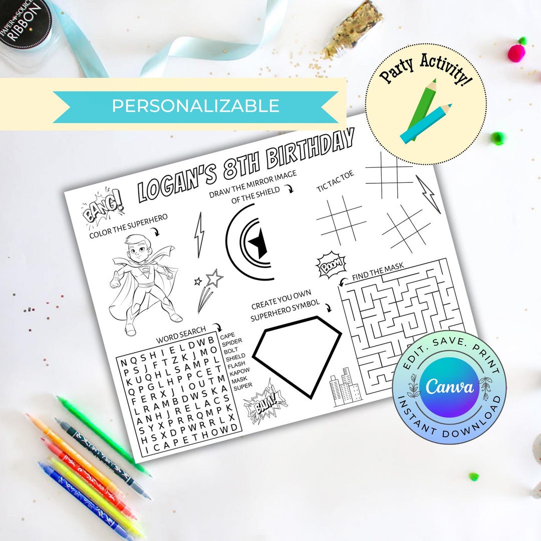 Personalizable Superhero Party Activity Sheet, Printable Superhero ...