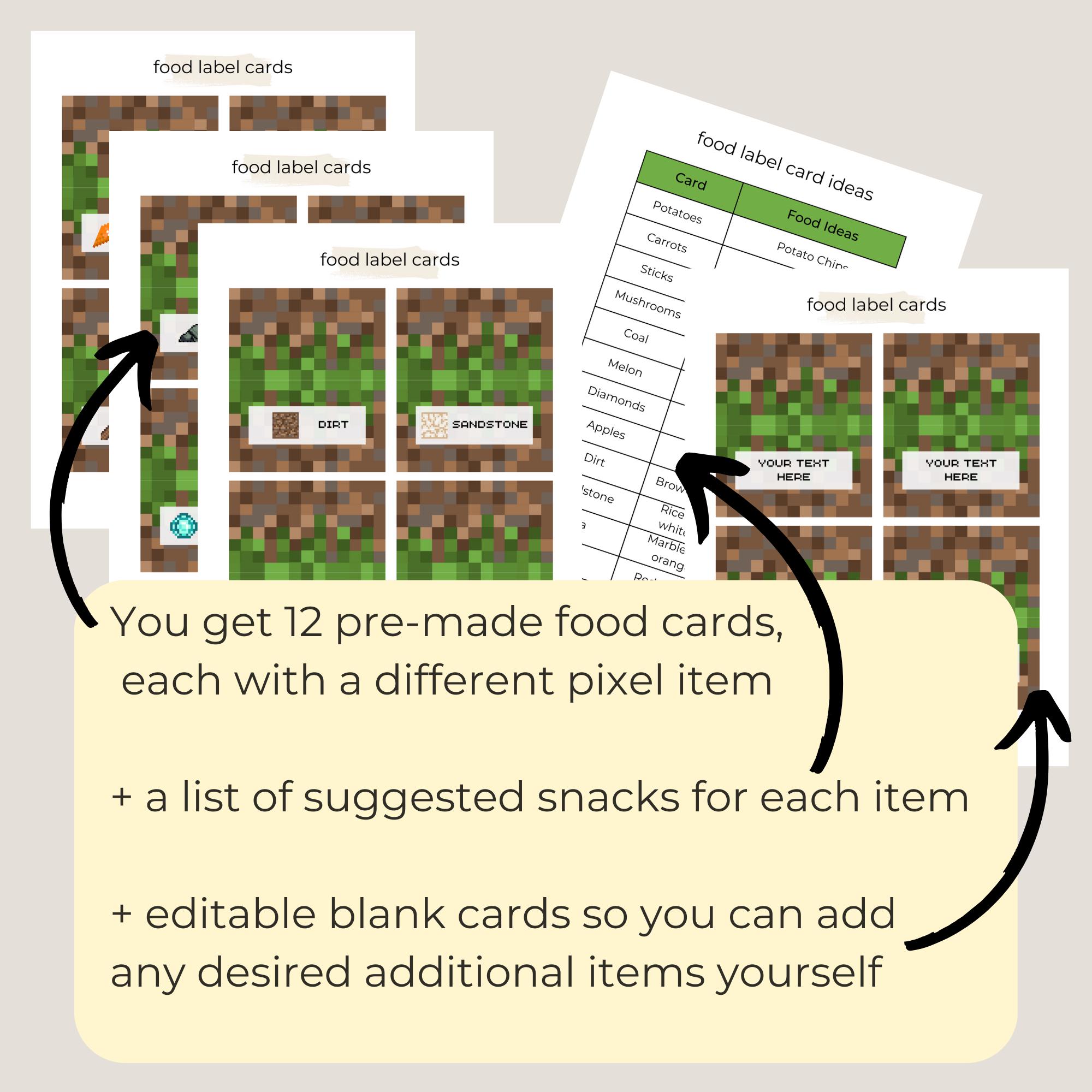 Pixel Craft Food Labels, Editable Pixel Craft Food Cards, Printable ...