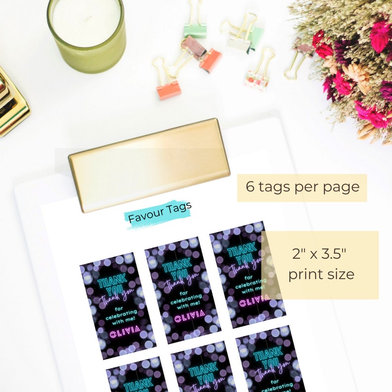 Editable Neon Favor Tag, Printable Glow Birthday Thank You Tag ...