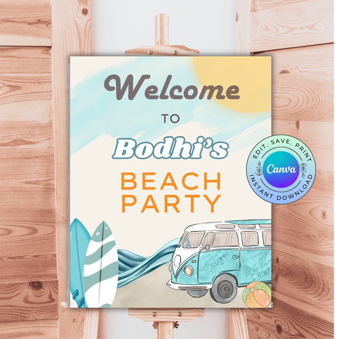 Editable Beach Birthday Welcome Sign: Surf Party Banner (digital ...