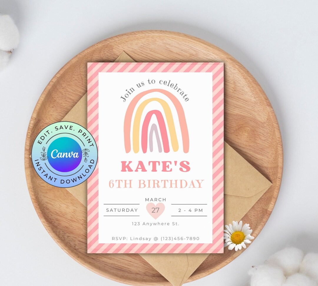 Editable Boho Rainbow Birthday Invitation, Printable Boho Party Invite, Pastel Rainbow Birthday ...