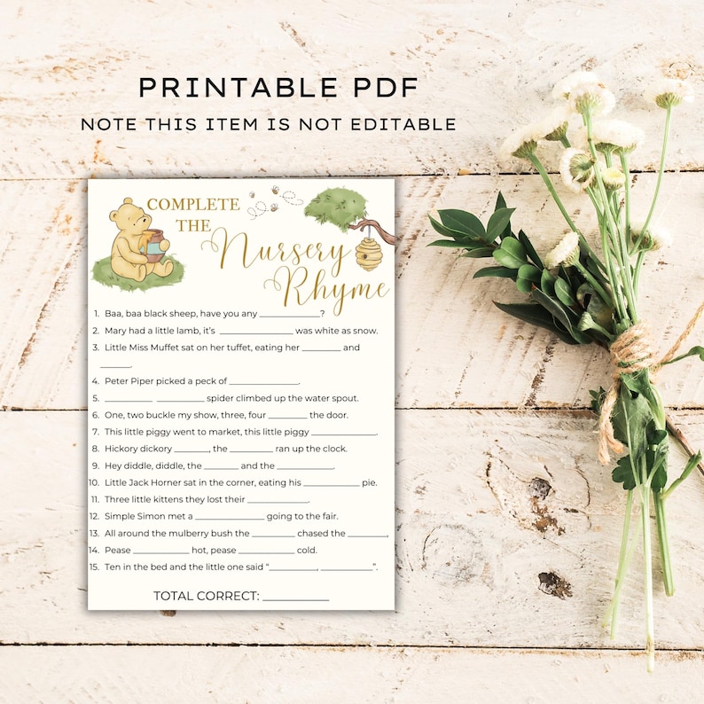 Winnie-the-pooh Baby Shower Game: Nursery Rhyme Activity (digital ...