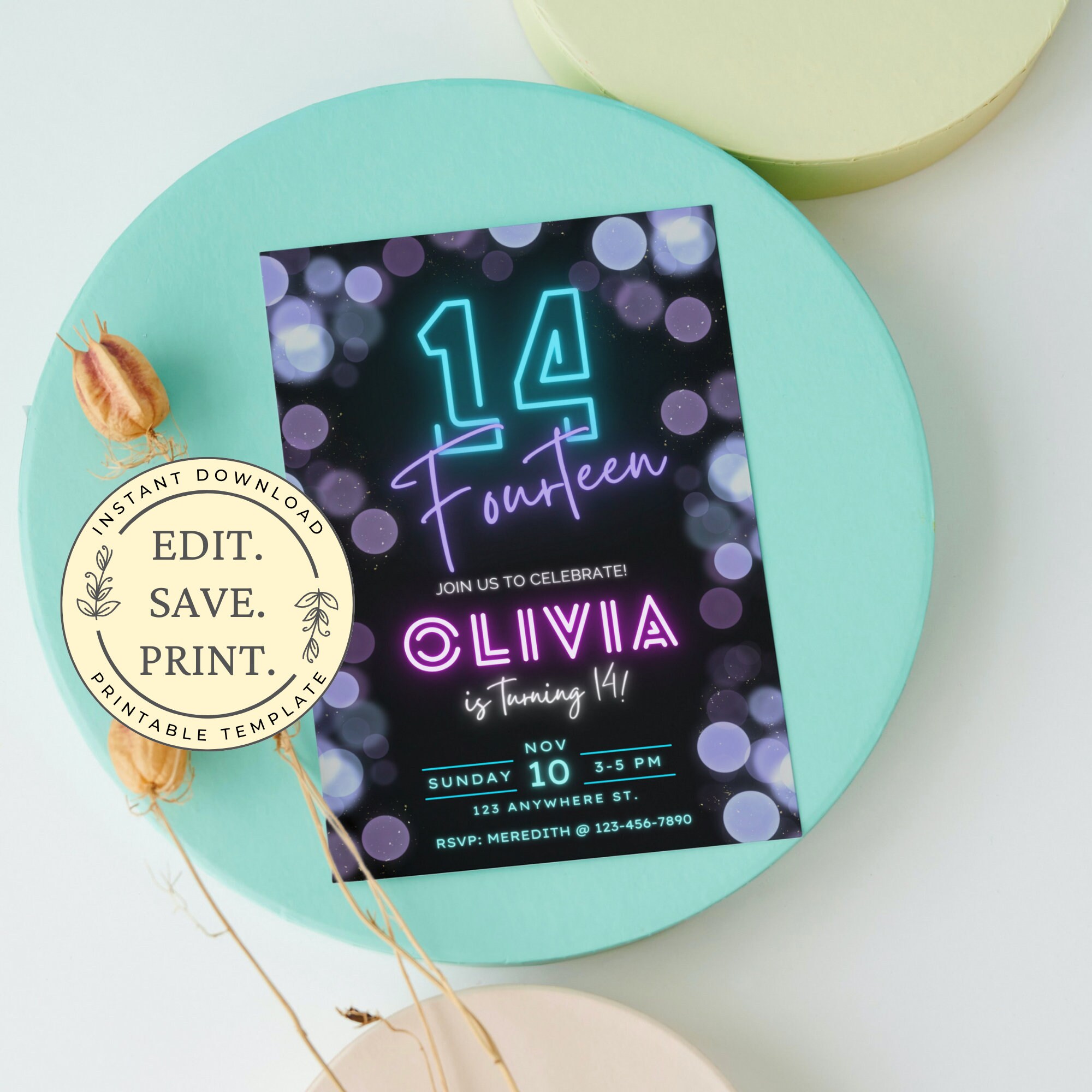 Editable 14th Birthday Invitation Printable Neon Invitation - Etsy Editable 14th Birthday Invitation Printable Neon Invitation - Etsy