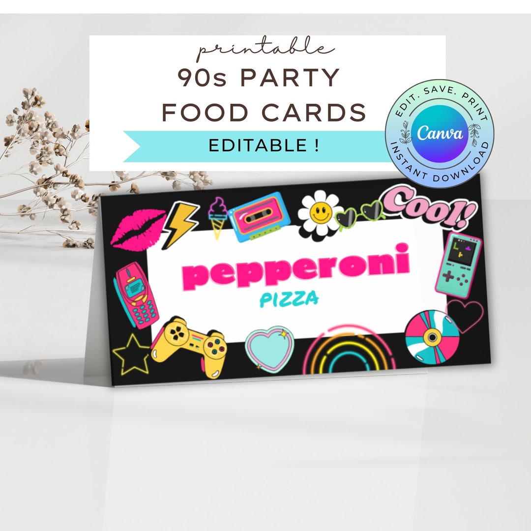 Editable 90s Food Labels, Printable Retro Party Food Cards, Printable ...
