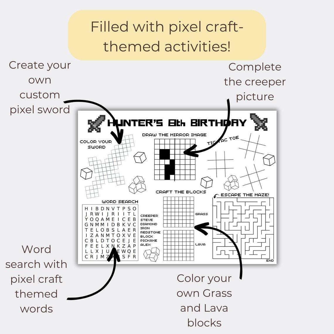 Personalizable Pixel Craft Party Activity, Printable Pixel Craft ...