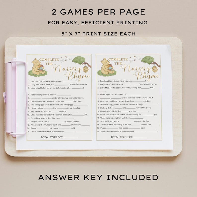 Winnie-the-pooh Baby Shower Game: Nursery Rhyme Activity (digital ...