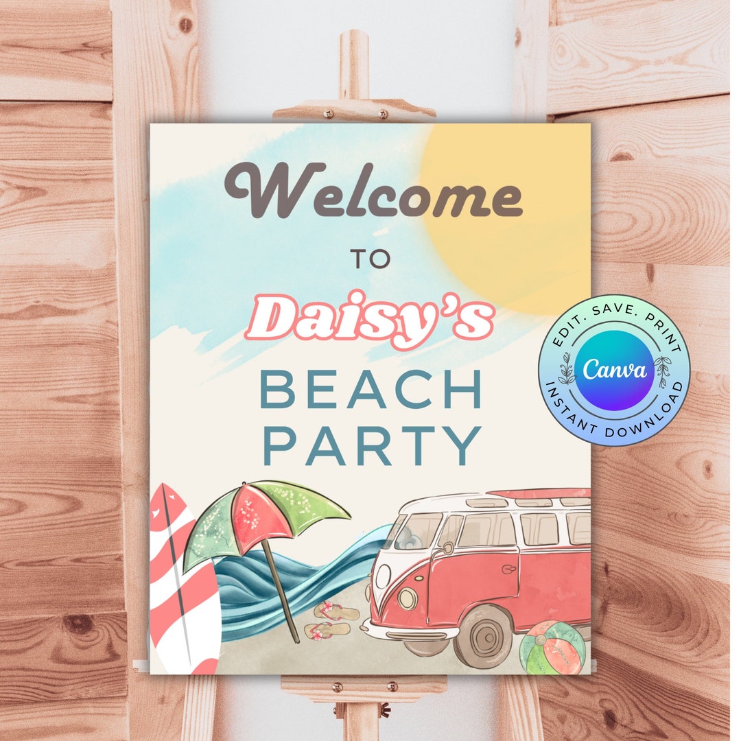 Editable Beach Birthday Welcome Sign: Surf Party Banner (digital ...