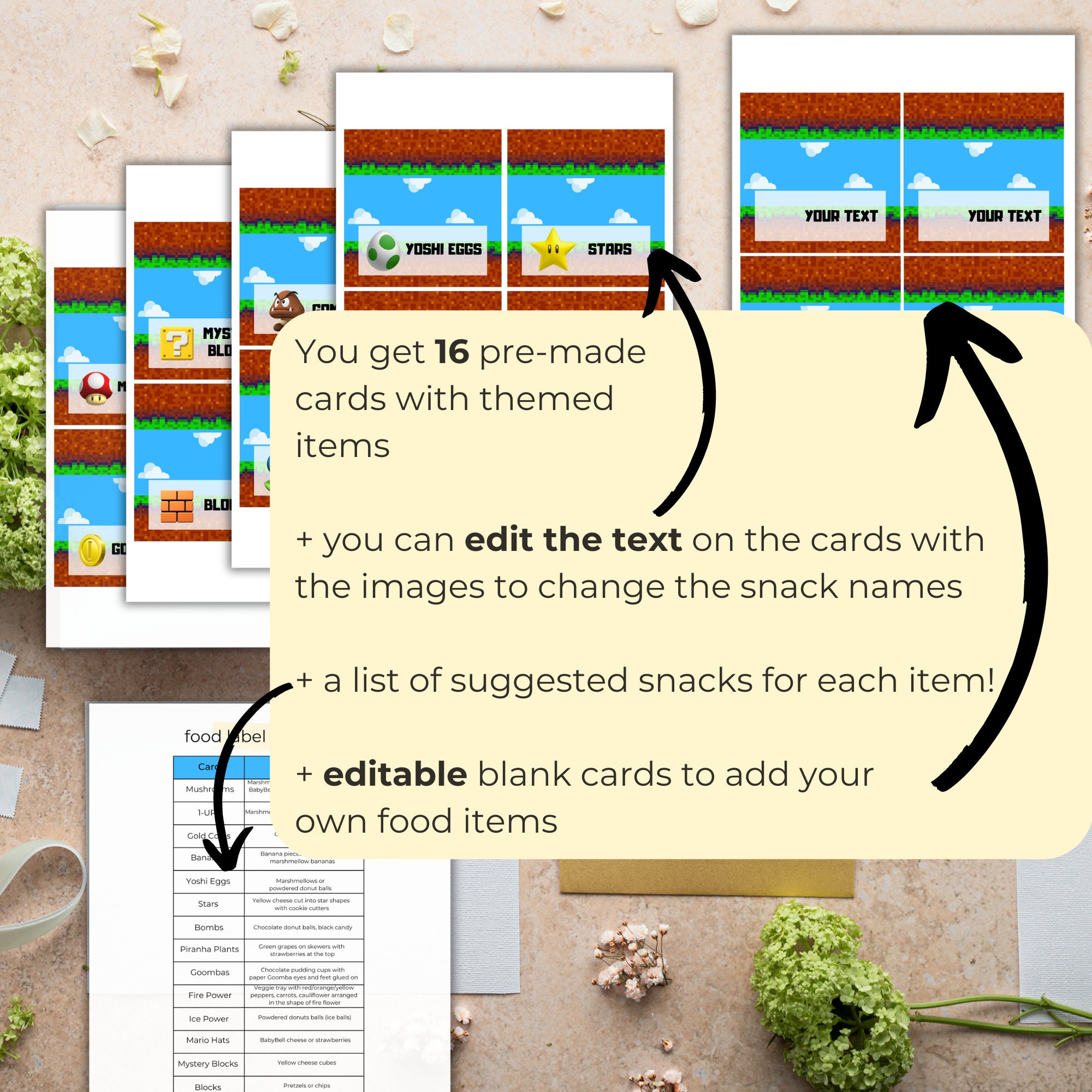Editable Mario Party Food Label Cards, Printable Mario Food Tents ...