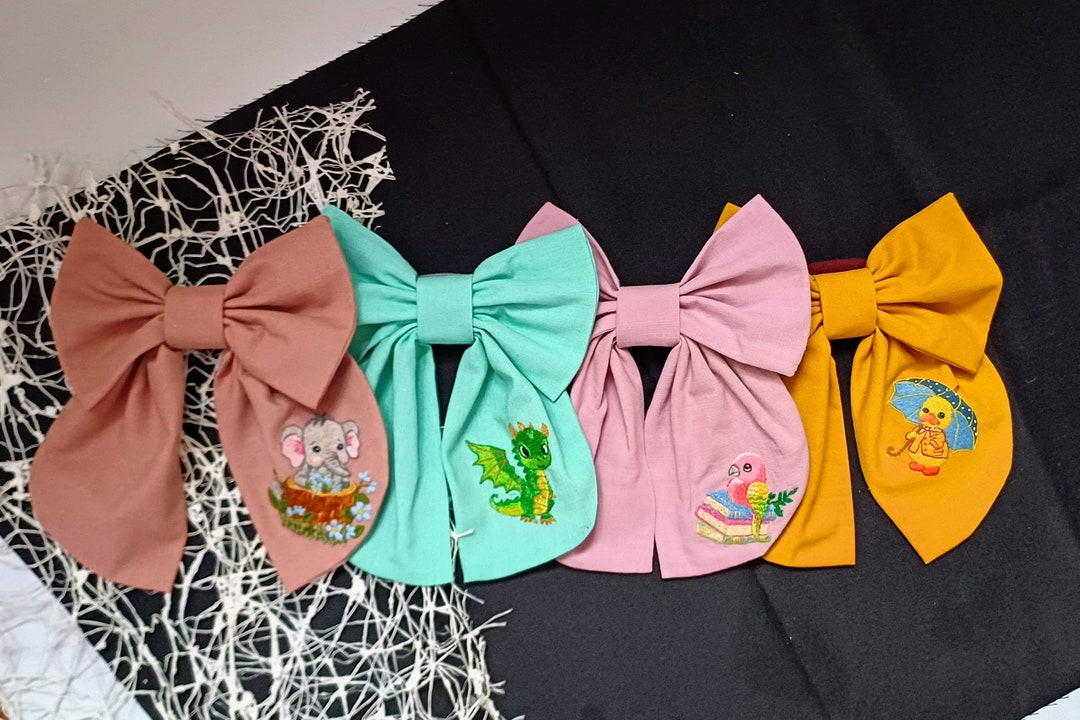 Hand-embroidered Linen Bows, Bow for a Girl, Embroidered Bow ...