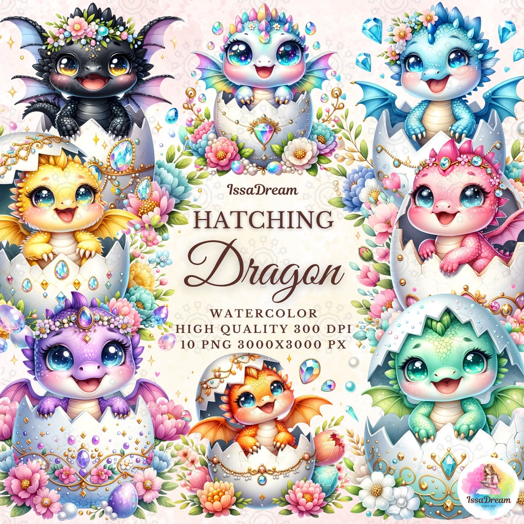 Watercolor Baby Dragon Hatching From Egg Clipart, Cute Flower Dragon ...