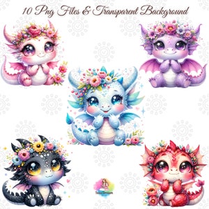 Watercolor Floral Dragon Clipart, Cute Flower Dragon Clipart, Spring ...