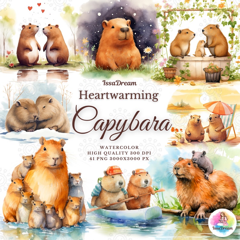Cute Watercolor Capybara Clipart, Animal Clipart, Cute Capybara PNG Clipart, Capybara Wall Art ...