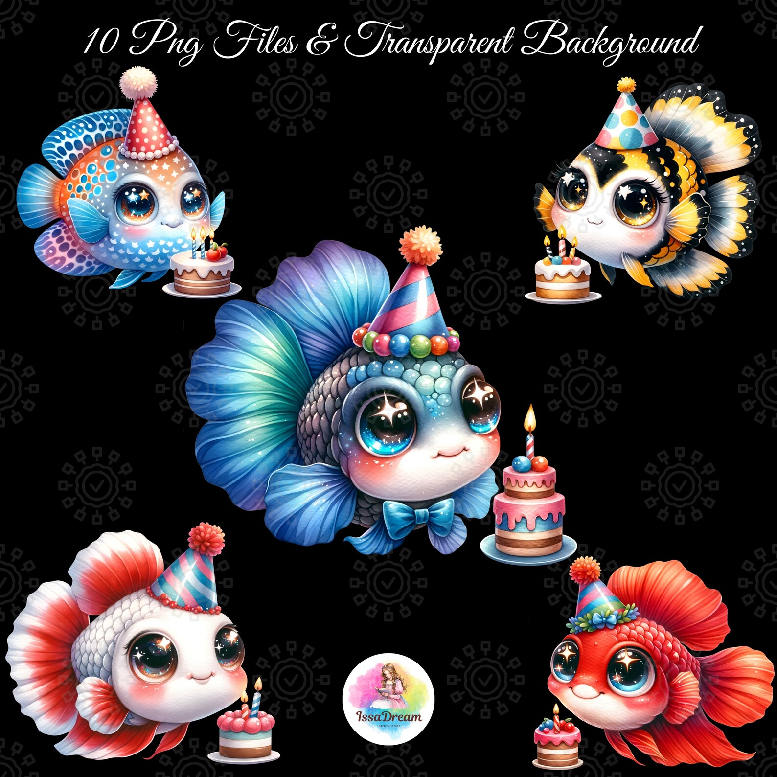 Watercolor Birthday Fish PNG Bundle, Fish With Birthday Cake, Cute ...