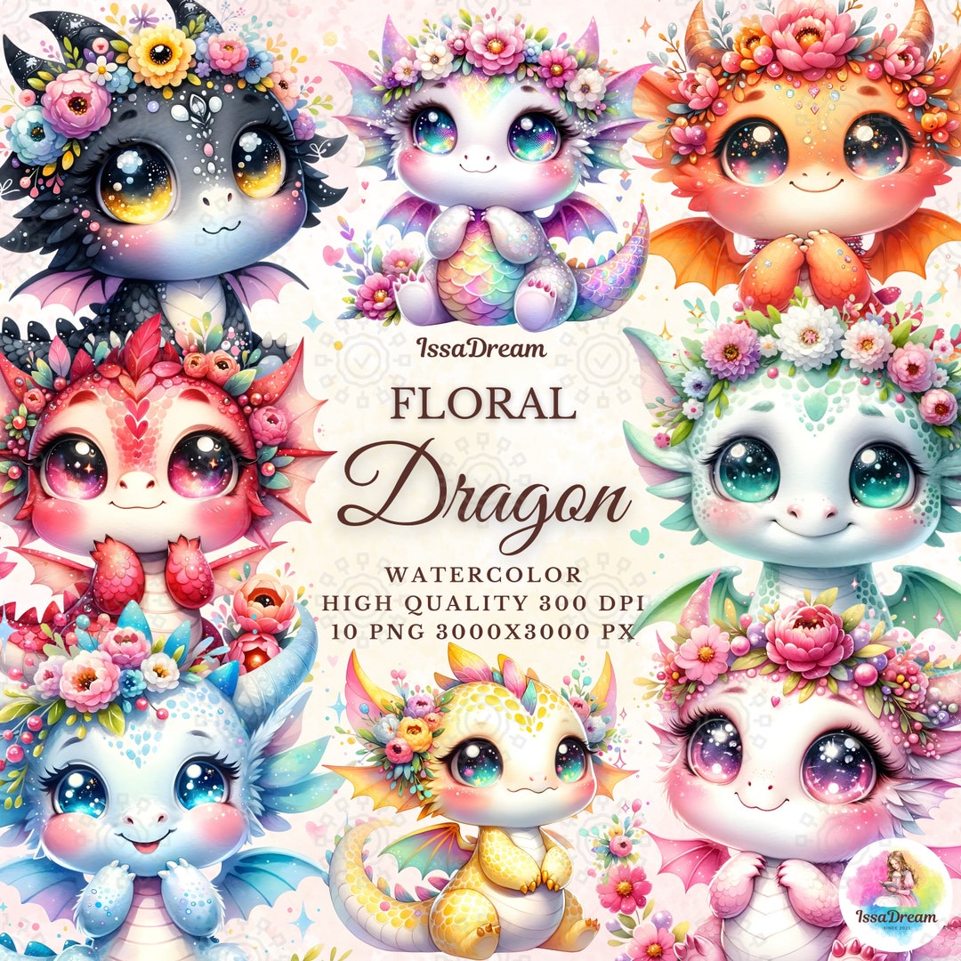 Watercolor Floral Dragon Clipart, Cute Flower Dragon Clipart, Spring ...
