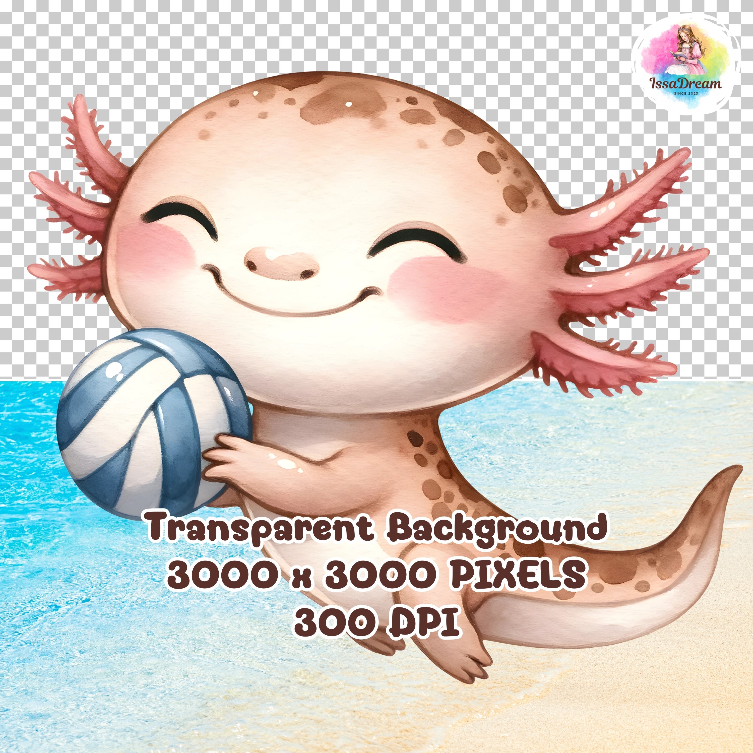 Watercolor Axolotl on Vacation Clipart, Cute Axolotl Clipart, Summer ...