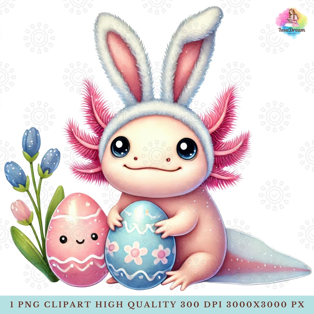 Watercolor Easter Bunny Axolotl Clipart, Cute Axolotl PNG, Easter Eggs ...