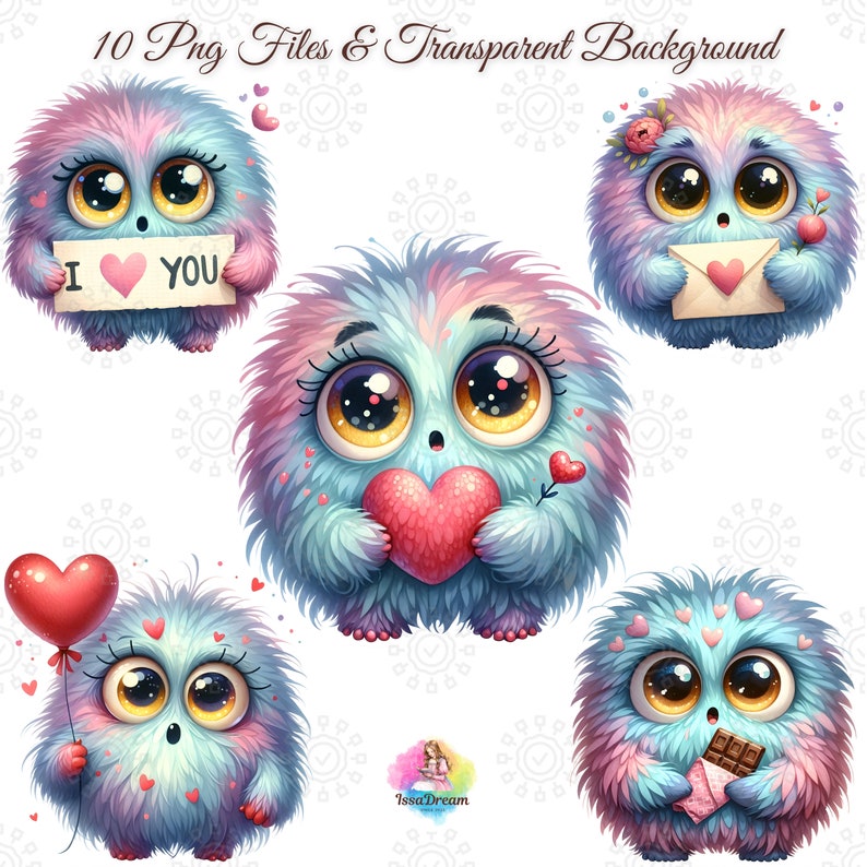 Watercolor Monsters in Love Clipart, Cute Valentine's Day Monsters ...