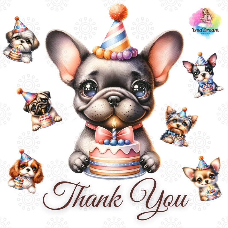 Watercolor Birthday Dog PNG Bundle, Dog With Birthday Cake, Cute ...