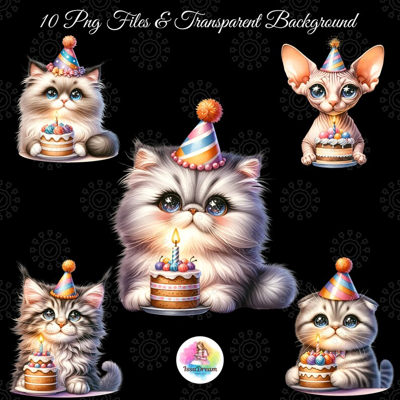 Watercolor Birthday Cat PNG Bundle, Cat With Birthday Cake, Cute ...