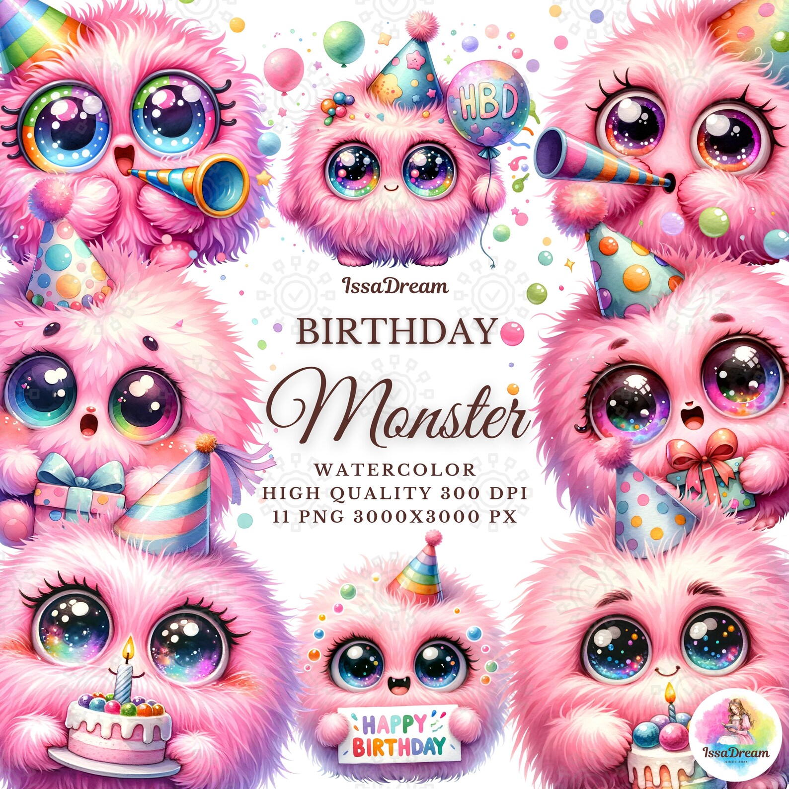 Watercolor Birthday Monsters Clipart: Party Sublimation PNG, Digital ...
