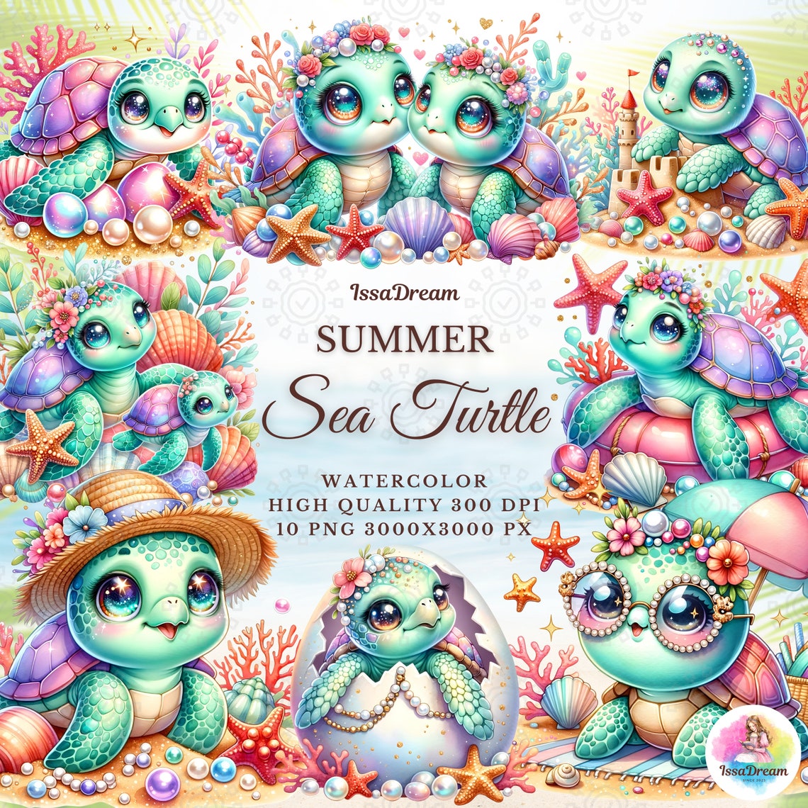 Watercolor Summer Sea Turtle Clipart, Cute Sea Turtle Clipart, Summer ...