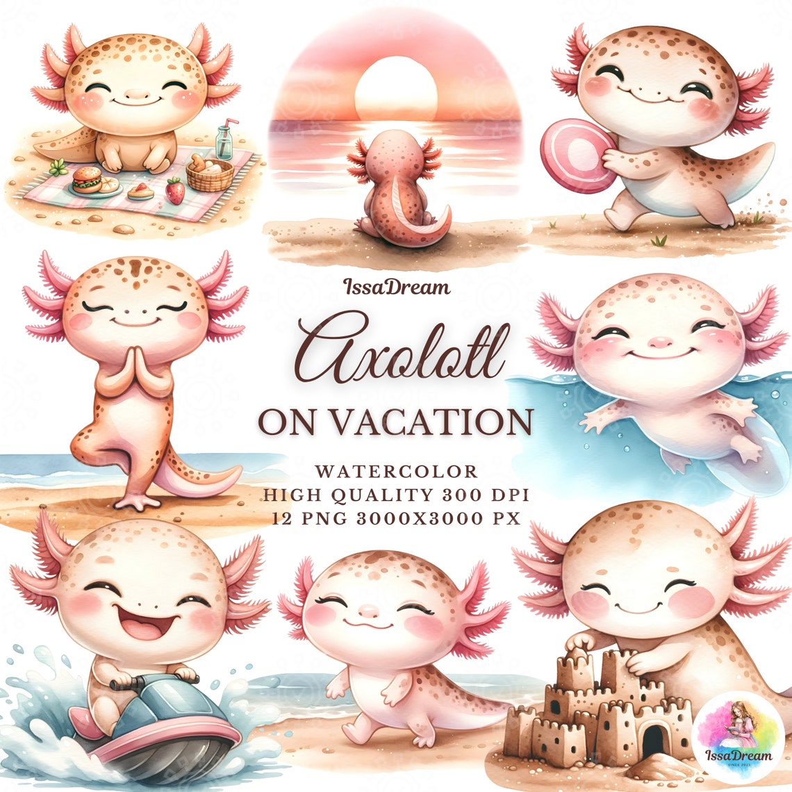 Watercolor Axolotl on Vacation Clipart, Cute Axolotl Clipart, Summer ...