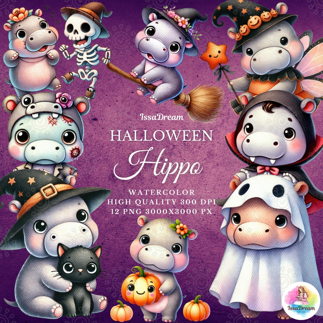Watercolor Halloween Hippo, Cute Halloween Png, Animal in Costume, Baby ...