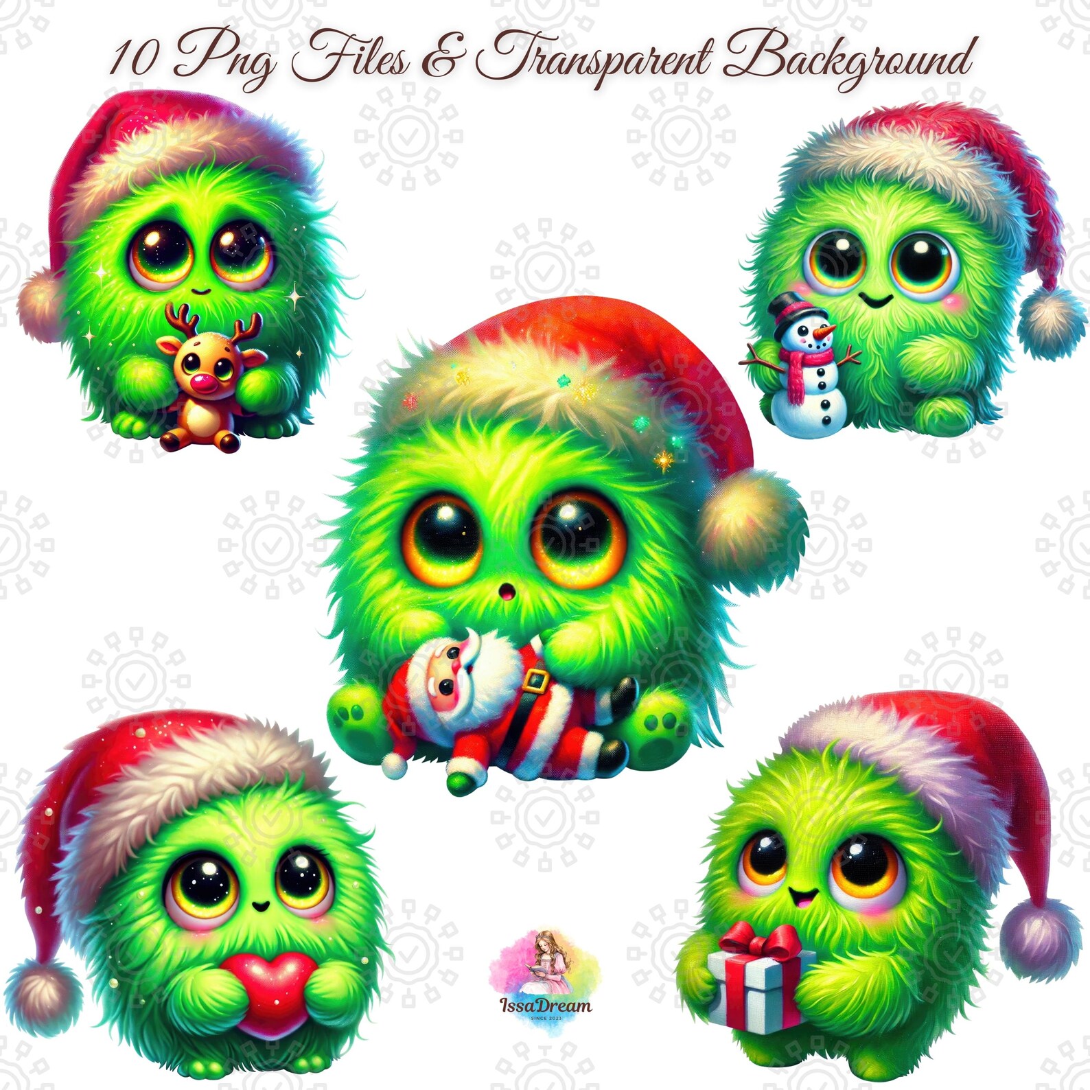 Watercolor Christmas Monsters Clipart: Green Fluffy PNG, Digital ...