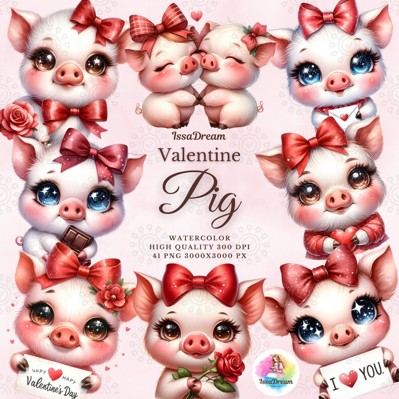 Watercolor Pig in Love Clipart, Cute Valentine's Day Pig Clipart, Kids ...