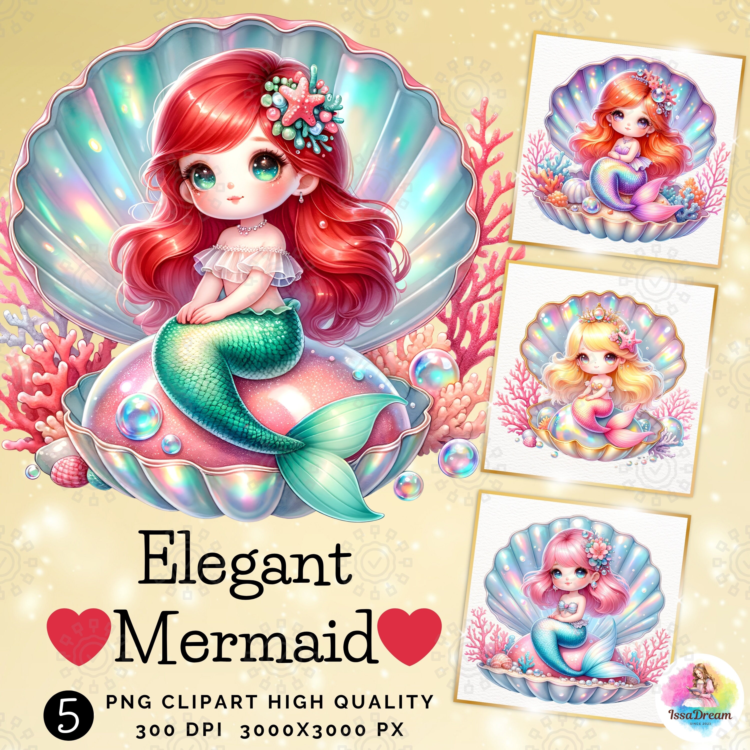 Watercolor Princess Mermaid Sitting in Shell Clipart, Elegant Mermaid ...