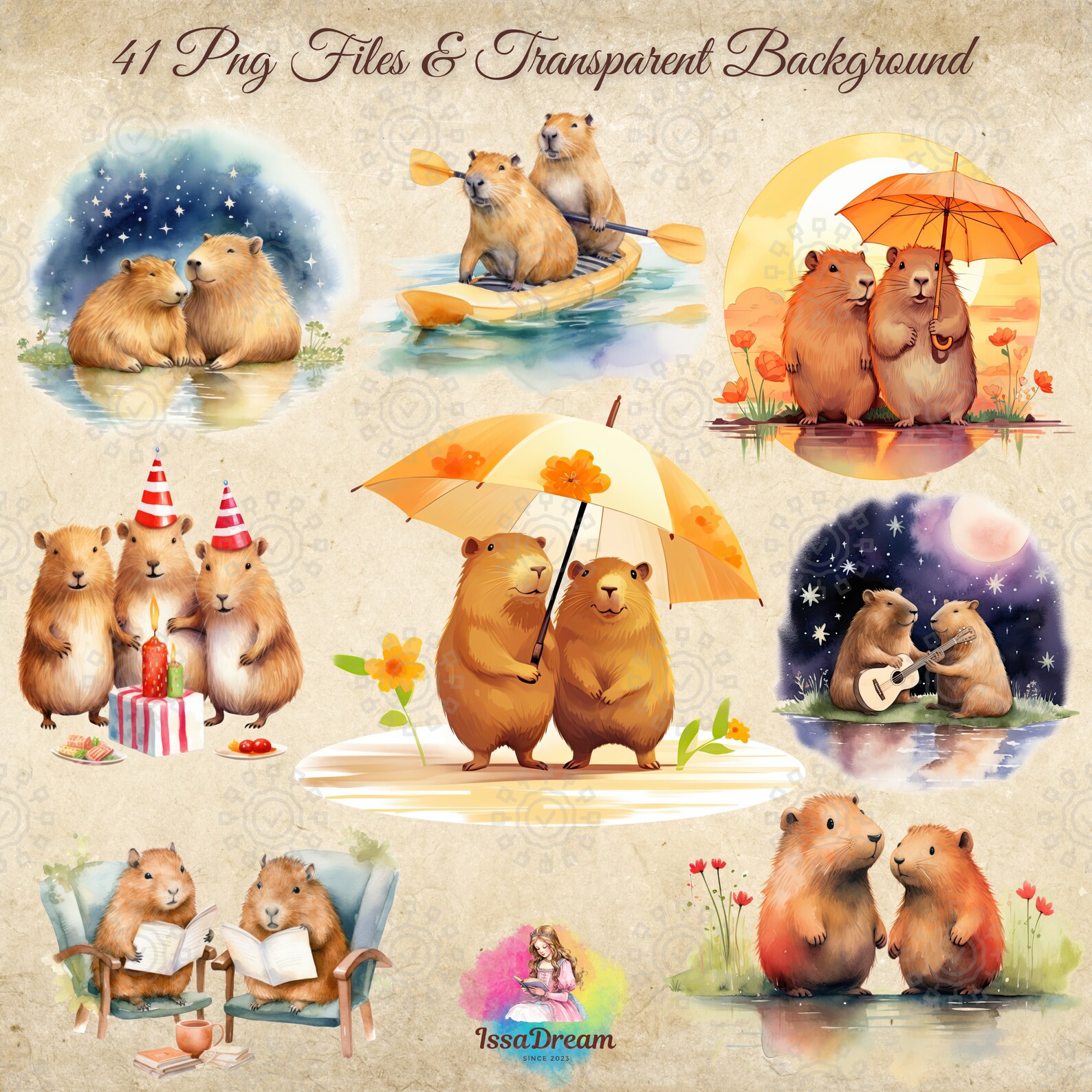 Cute Watercolor Capybara Clipart, Animal Clipart, Cute Capybara PNG ...