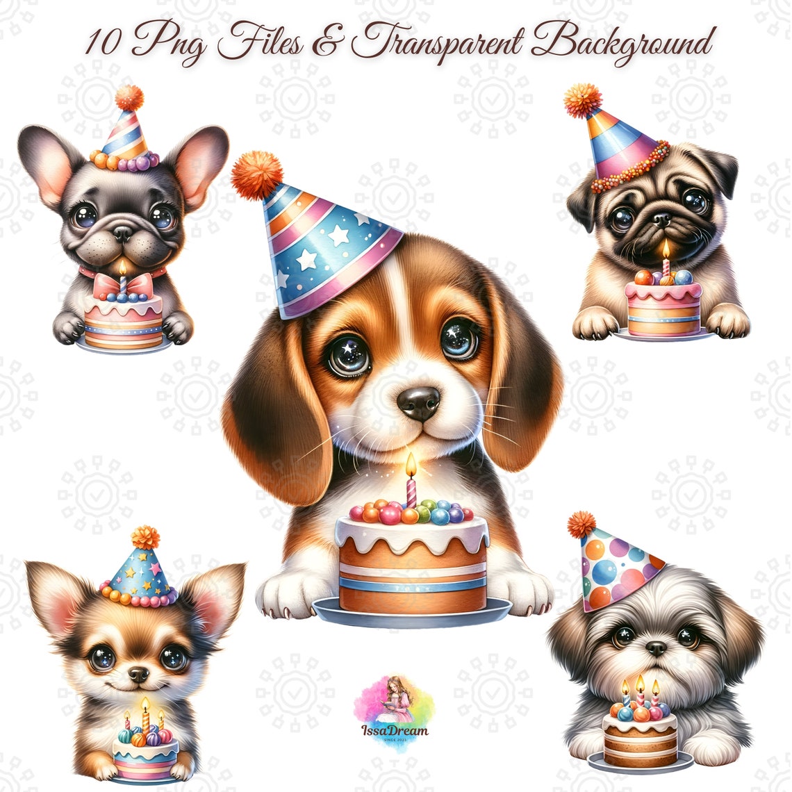 Watercolor Birthday Dog PNG Bundle, Dog With Birthday Cake, Cute ...