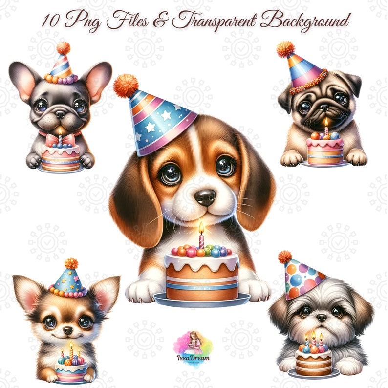 Watercolor Birthday Dog PNG Bundle, Dog With Birthday Cake, Cute ...