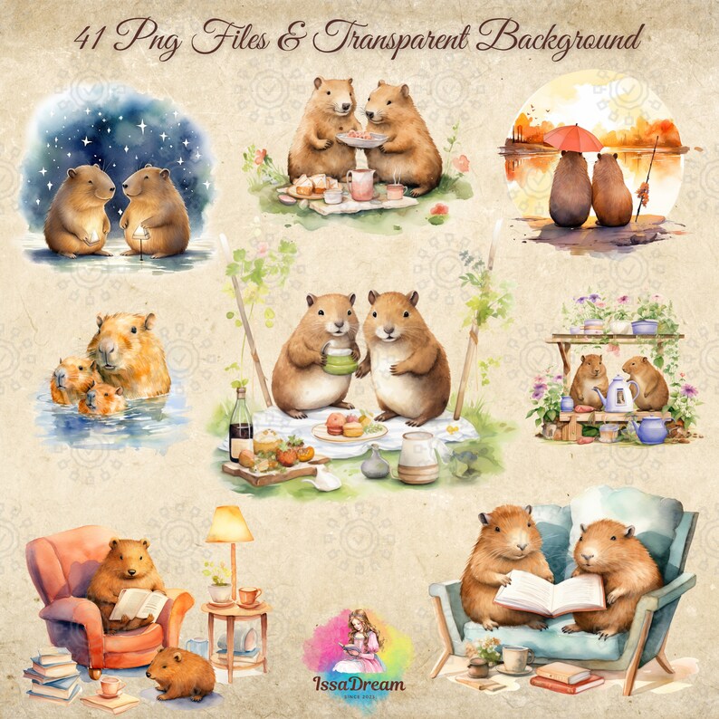 Cute Watercolor Capybara Clipart, Animal Clipart, Cute Capybara PNG ...