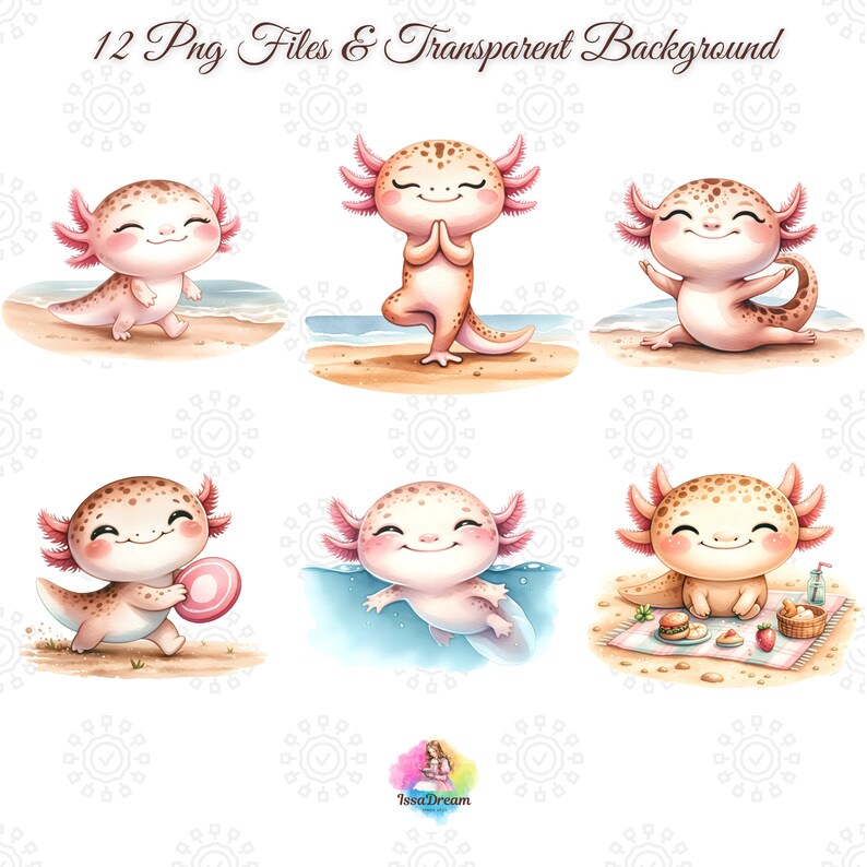 Watercolor Axolotl on Vacation Clipart, Cute Axolotl Clipart, Summer ...