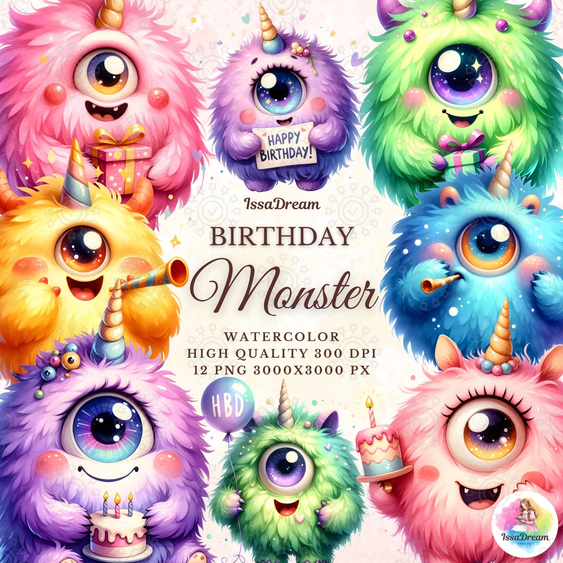 Watercolor Birthday Monsters Clipart, Birthday One Eye Monsters Clipart ...