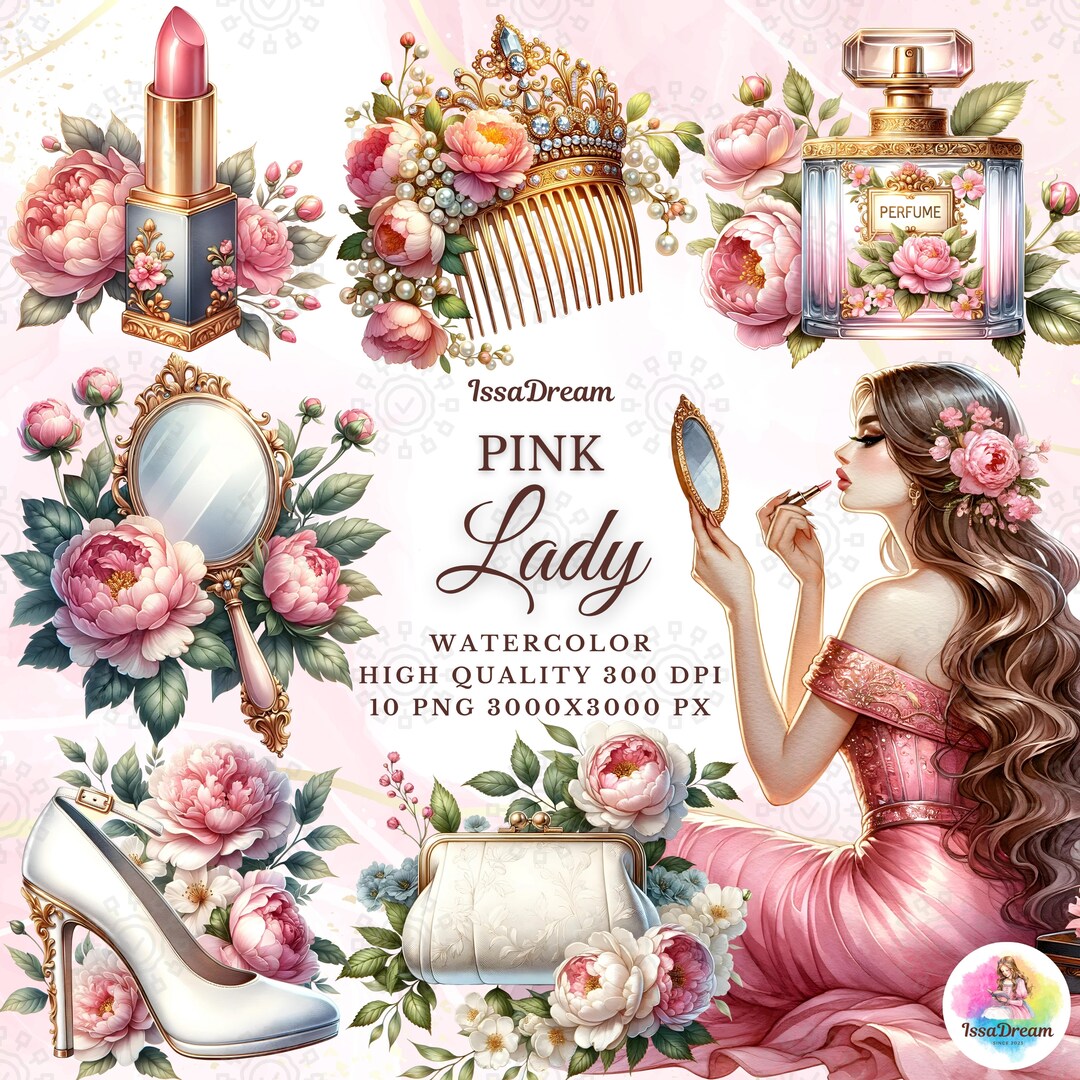 Watercolor Pink Lady Clipart, Floral Woman Clipart, Feminine Vintage ...