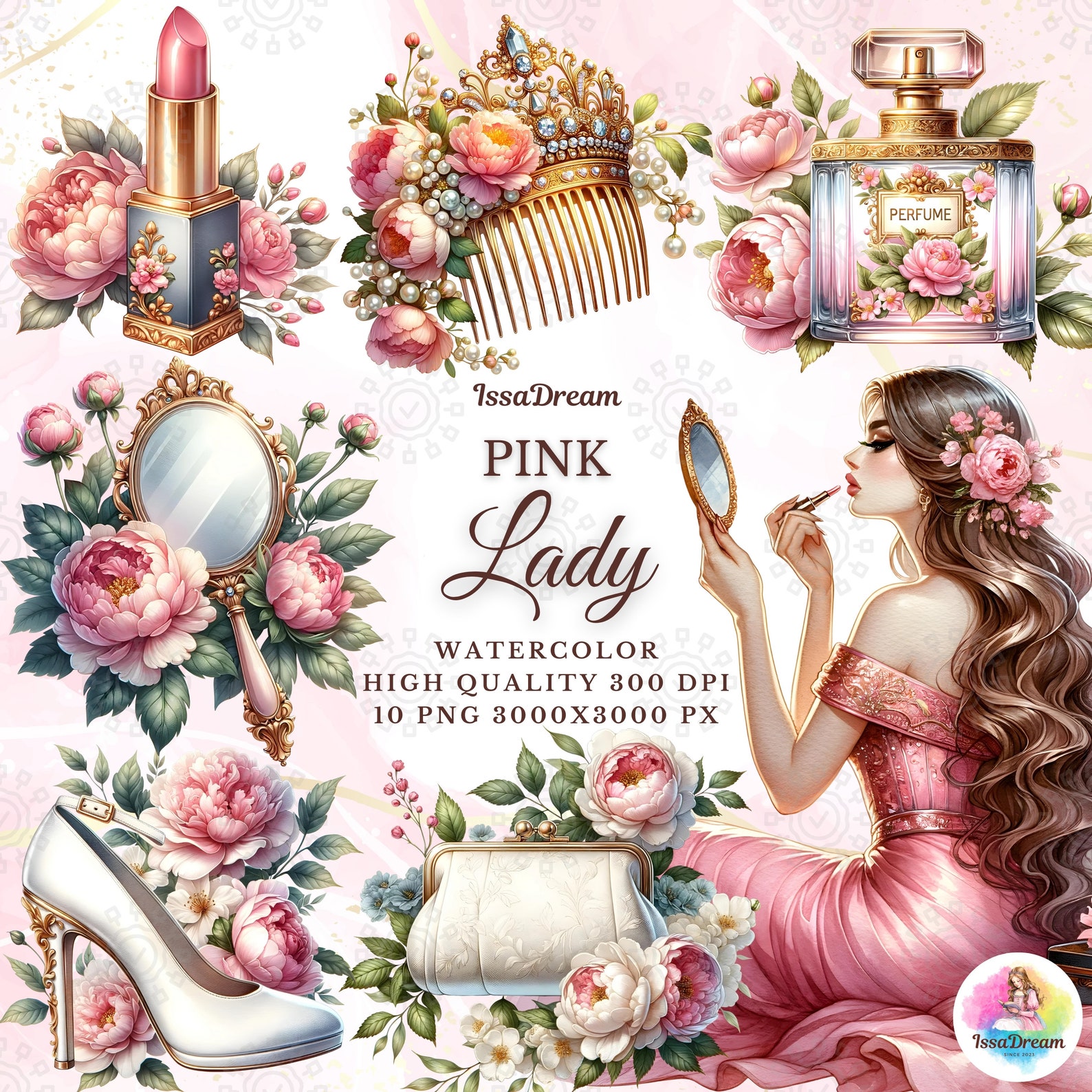 Watercolor Pink Lady Clipart, Floral Woman Clipart, Feminine Vintage ...
