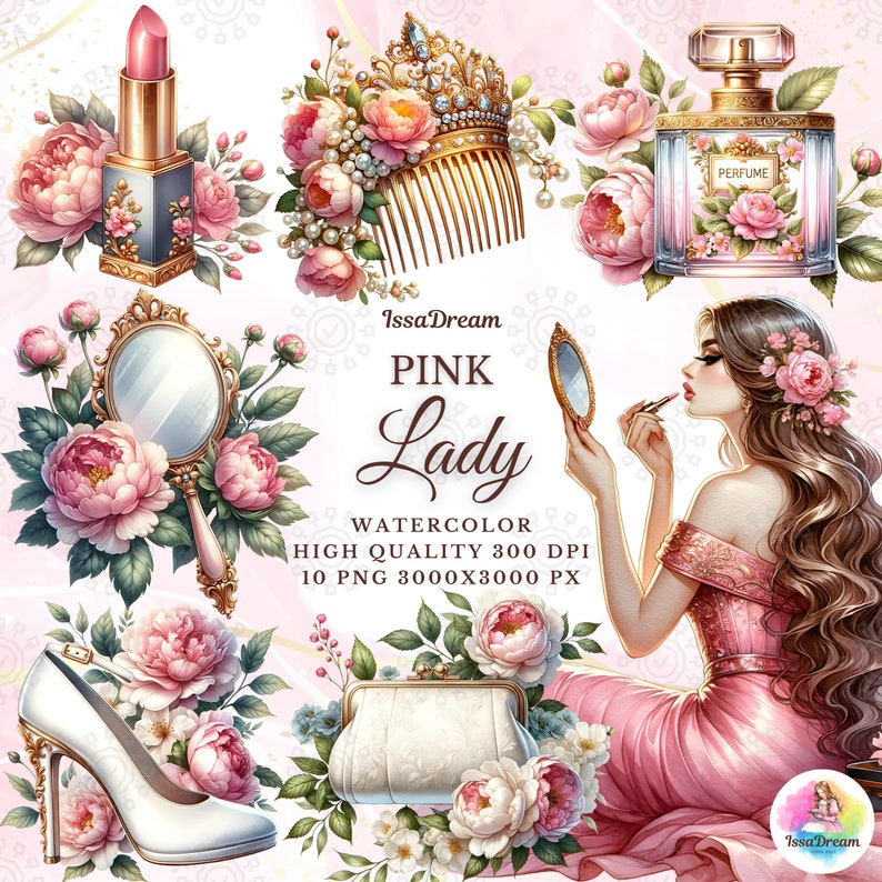 Watercolor Pink Lady Clipart, Floral Woman Clipart, Feminine Vintage ...