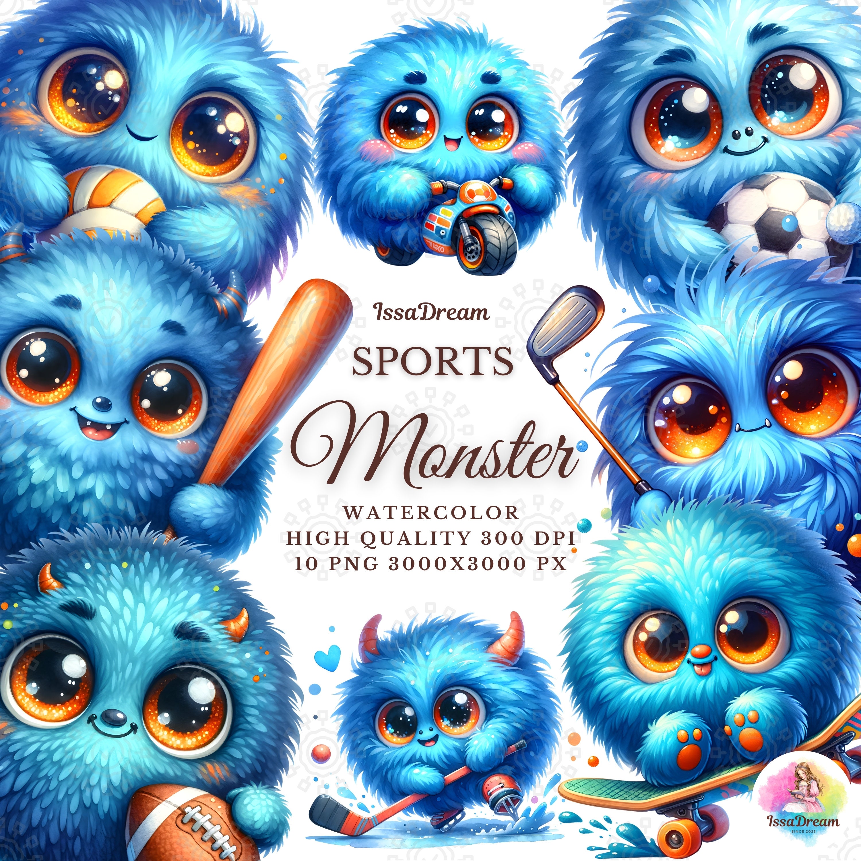 Watercolor Sports Monster Clipart, Cute Sports Clipart, Sports ...