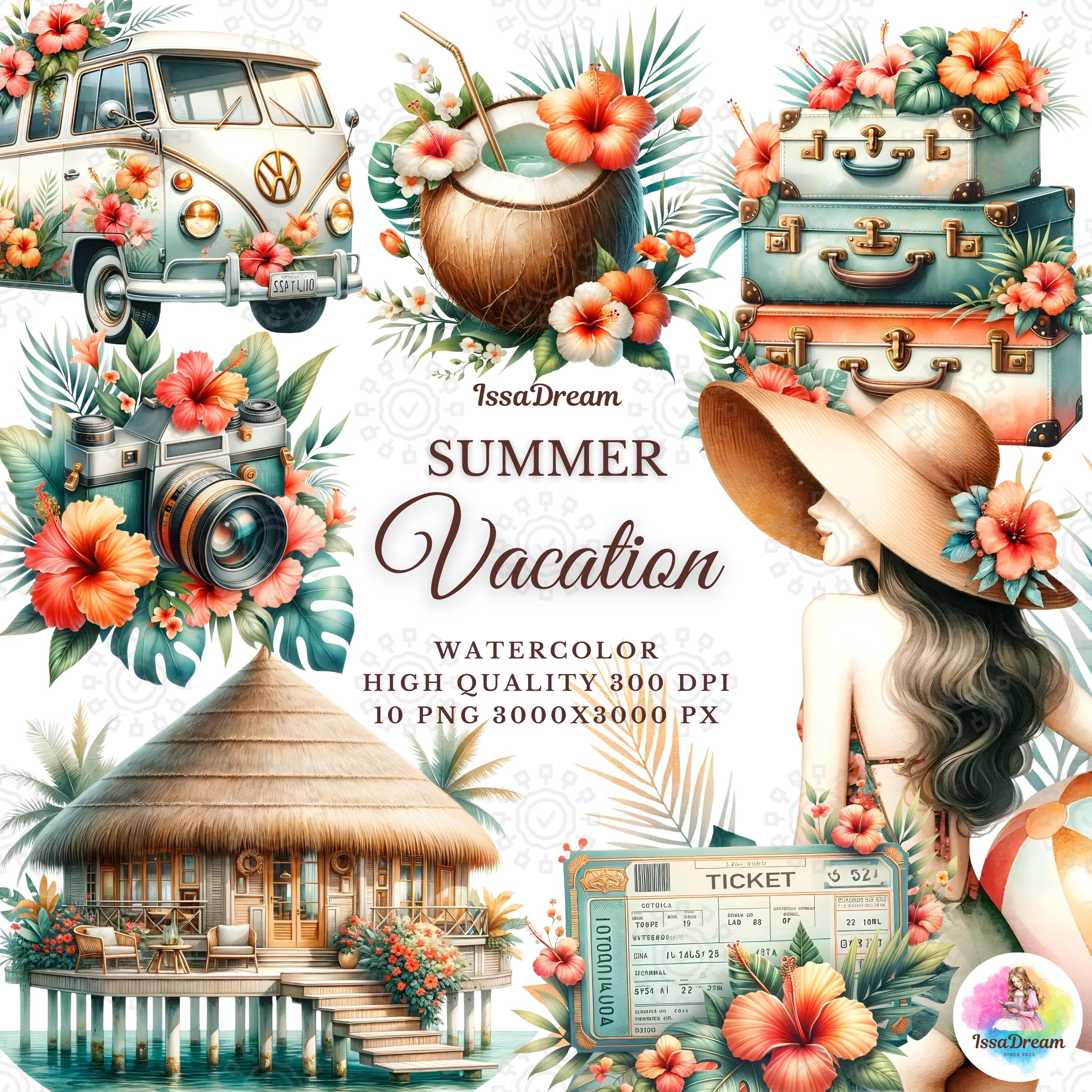 Watercolor Summer Vacation Clipart, Summer Travel Clipart, Beach Girl ...