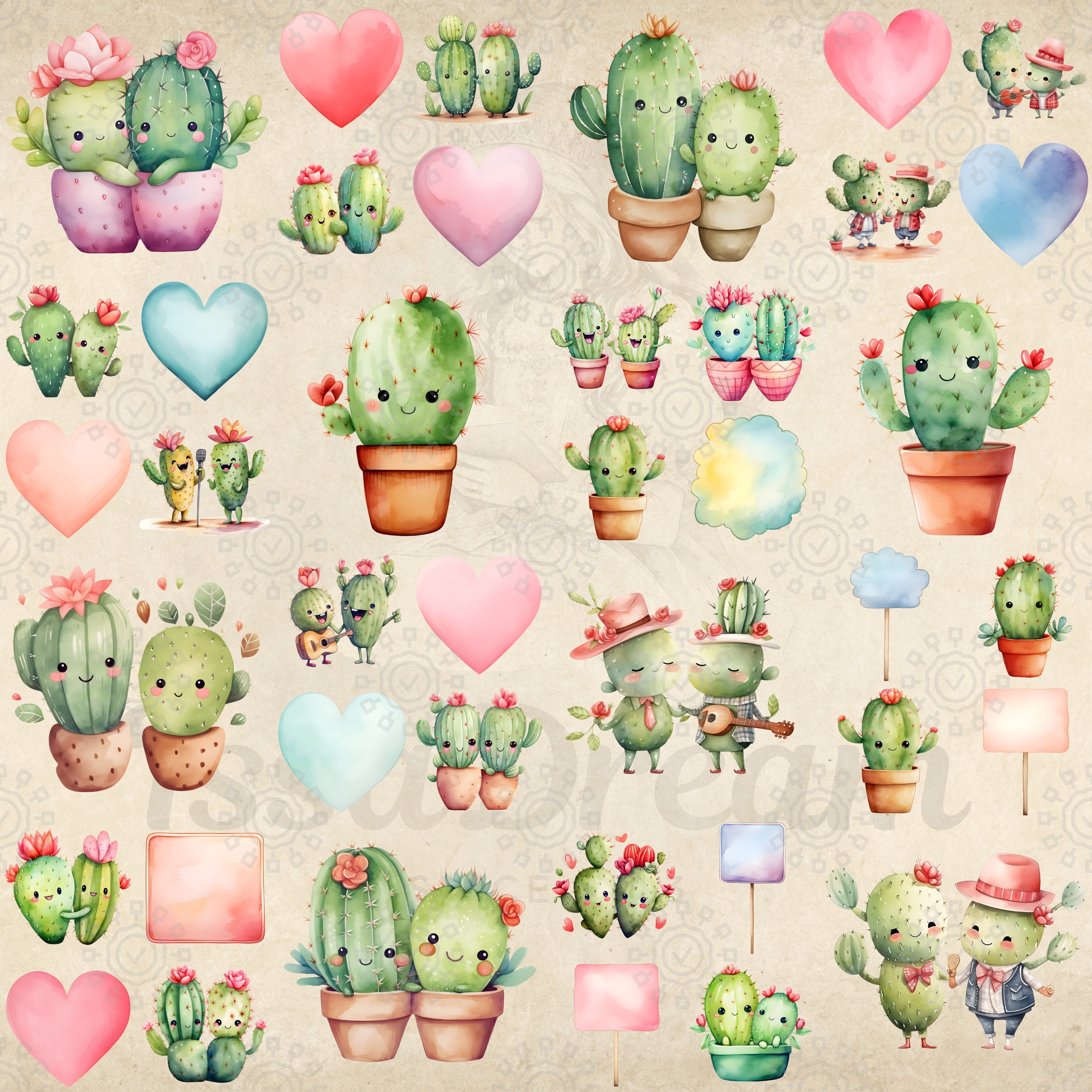 Watercolor Cactus Clipart, Valentines Clipart, Cute Cactus Lover, Plant ...