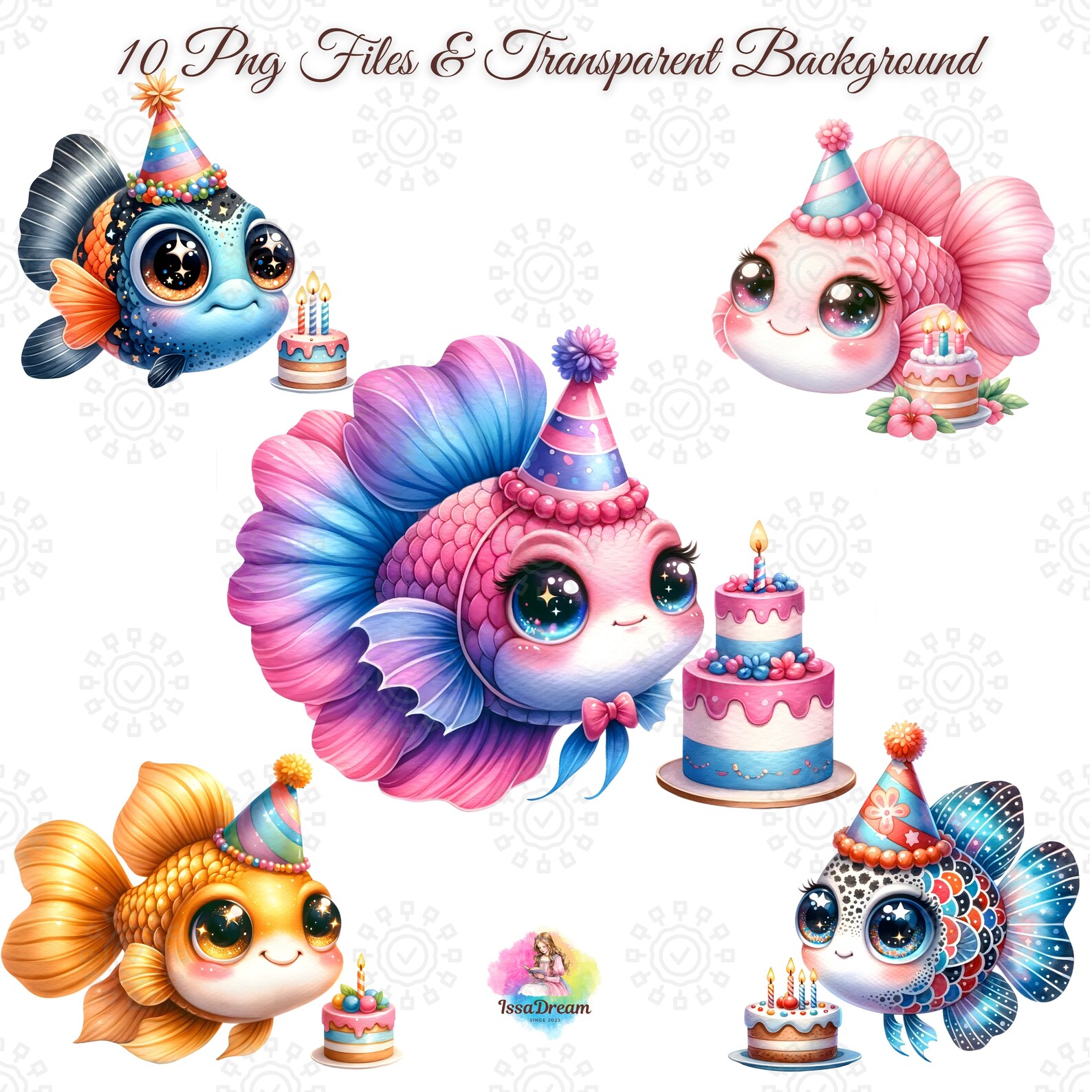 Watercolor Birthday Fish PNG Bundle, Fish With Birthday Cake, Cute ...