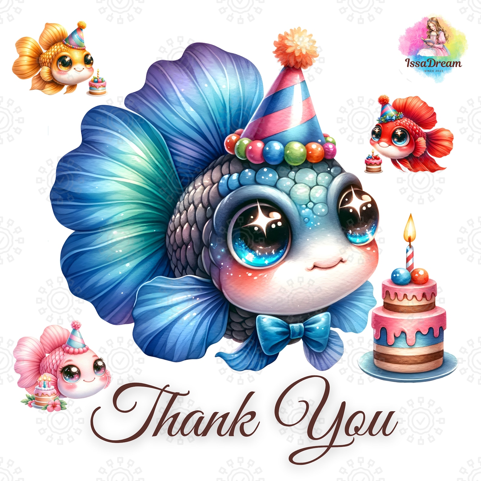 Watercolor Birthday Fish PNG Bundle, Fish With Birthday Cake, Cute ...