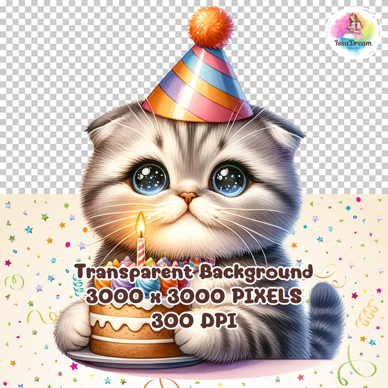 Watercolor Birthday Cat PNG Bundle, Cat With Birthday Cake, Cute ...