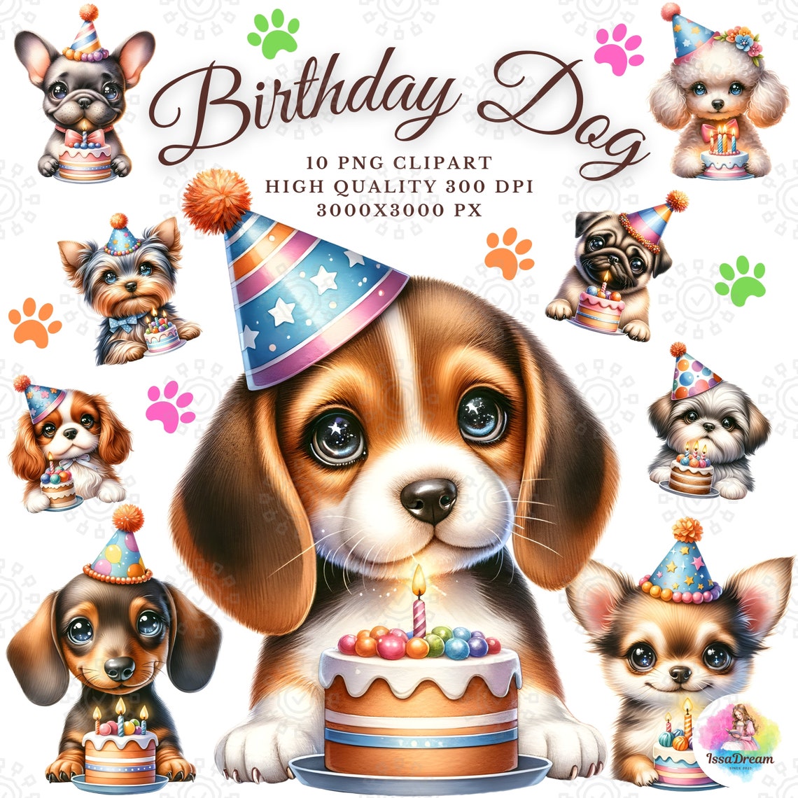 Watercolor Birthday Dog PNG Bundle, Dog With Birthday Cake, Cute ...
